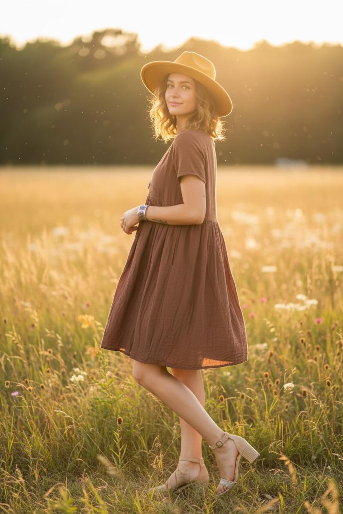 Muted Pink Raw Natural Crinkled Cotton Midi Dress With Pockets, Boho ...