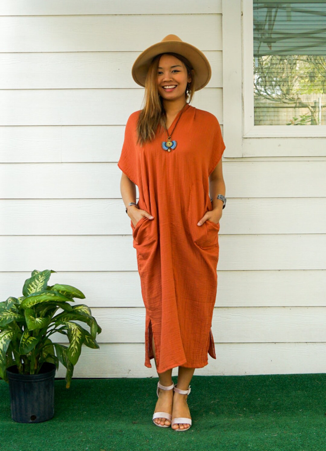 Rust Orange Boho Double Gauzed Cotton Kaftan Dress With Pockets / Boho ...