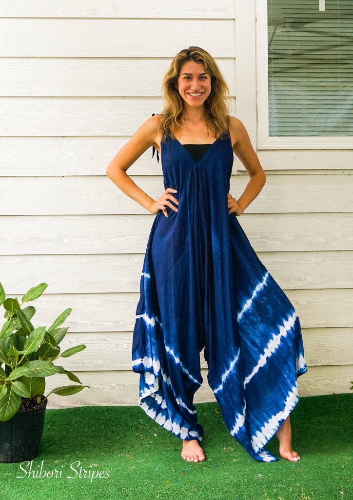Shibori Indigo Hand Dyed Boho Jumpsuits Rompers Pants, Hippie Jumpsuit ...