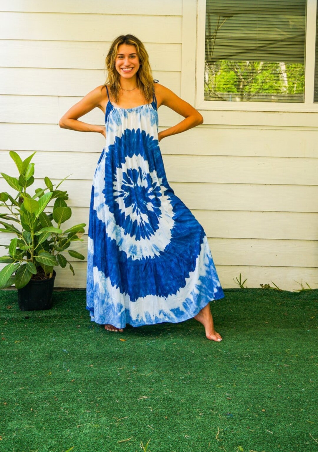 Ocean Whirl Boho Tiered Maxi Dress, Hand Dyed Dress, Beach Sundress ...