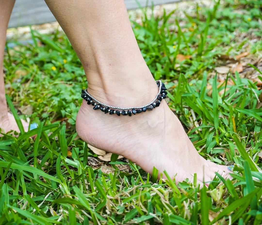 Black Onyx Stones Boho Silver Anklet, Hippie Bracelet Anklet, Gypsy Anklet,bohemian Ankle ...