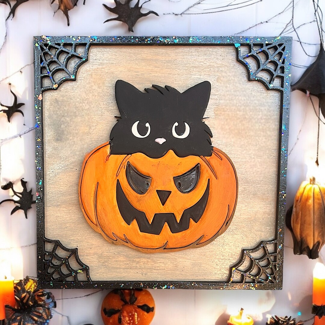 Halloween Cat in Pumpkin Sign: Spooky Fall Decor - Etsy
