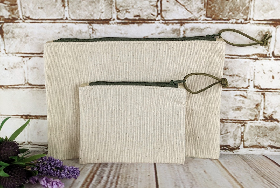 Beige Canvas Pouches With Moss Green Zipper, 2 Sizes Unlined Canvas ...