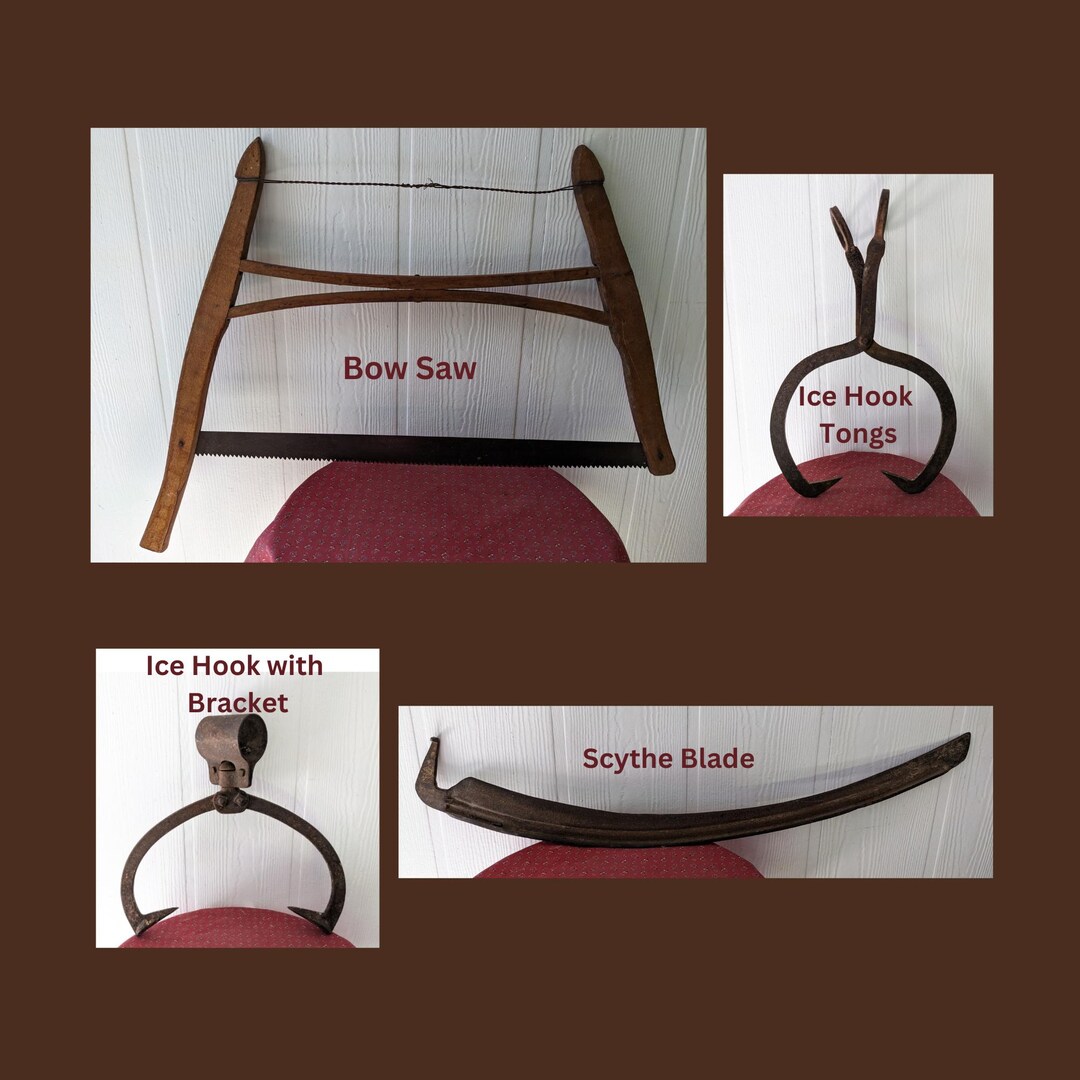 Antique Farm Tools: Vintage Bow Saw, Scythe Blade & Ice Hooks - 1930s ...