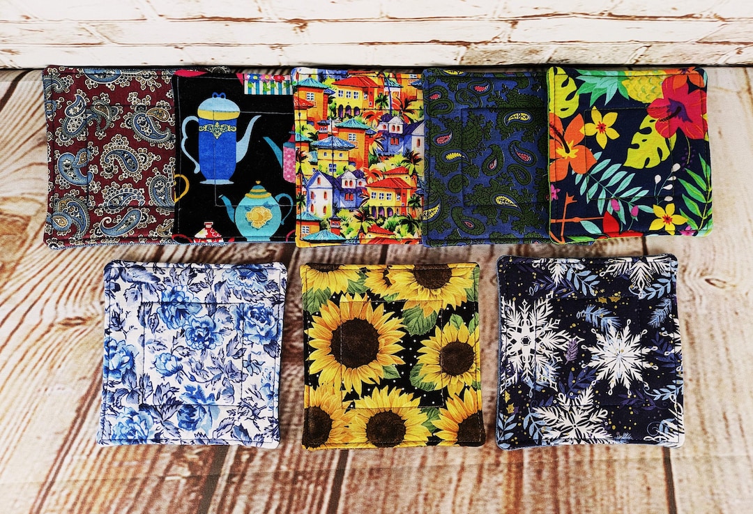 Handmade Quilted Fabric Coasters, Reversible Cotton Beverage Mats, Sold ...