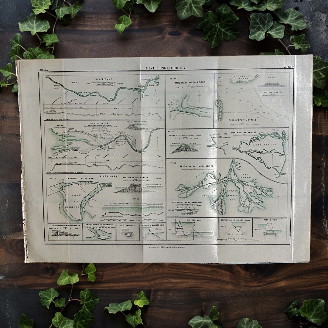 Antique 1891 River Engineering Art Book Plates, Vintage Riverhouse Art ...