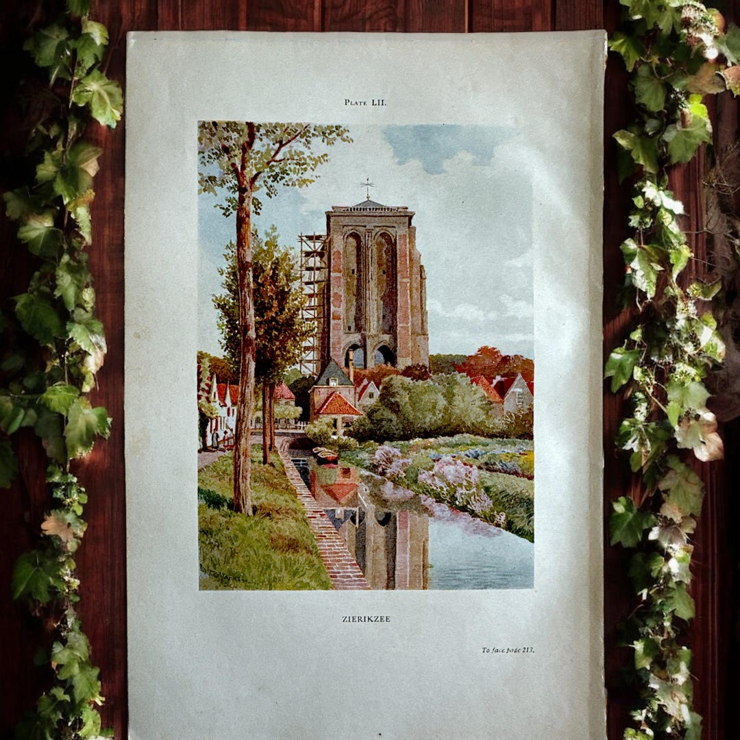 Antique 1925 Color Lithograph Art of Zierikzee, Small Architectural ...