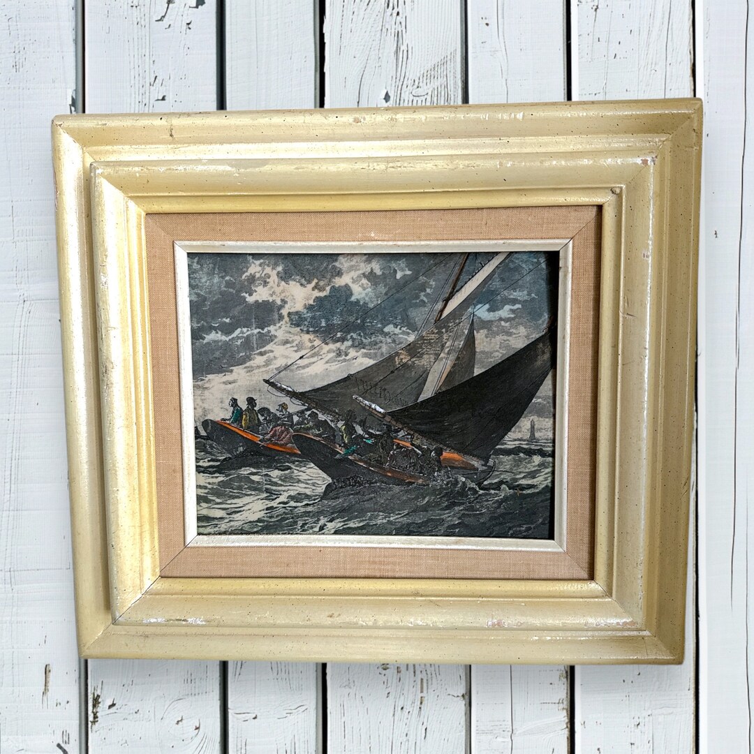 Vintage Ship Art Engraving in Chunky Large Ivory Wood Frame, Antique ...