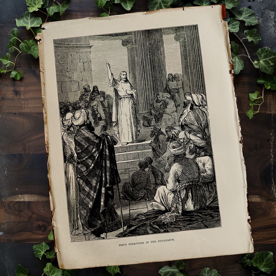 Antique 1877 Bible Engraving Art of Jesus Preaching in the Synagogue ...