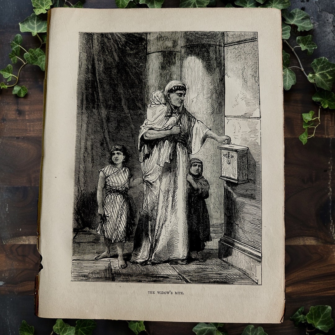 Antique 1877 Bible Engraving Art of the Widows Mite, Original Biblical ...
