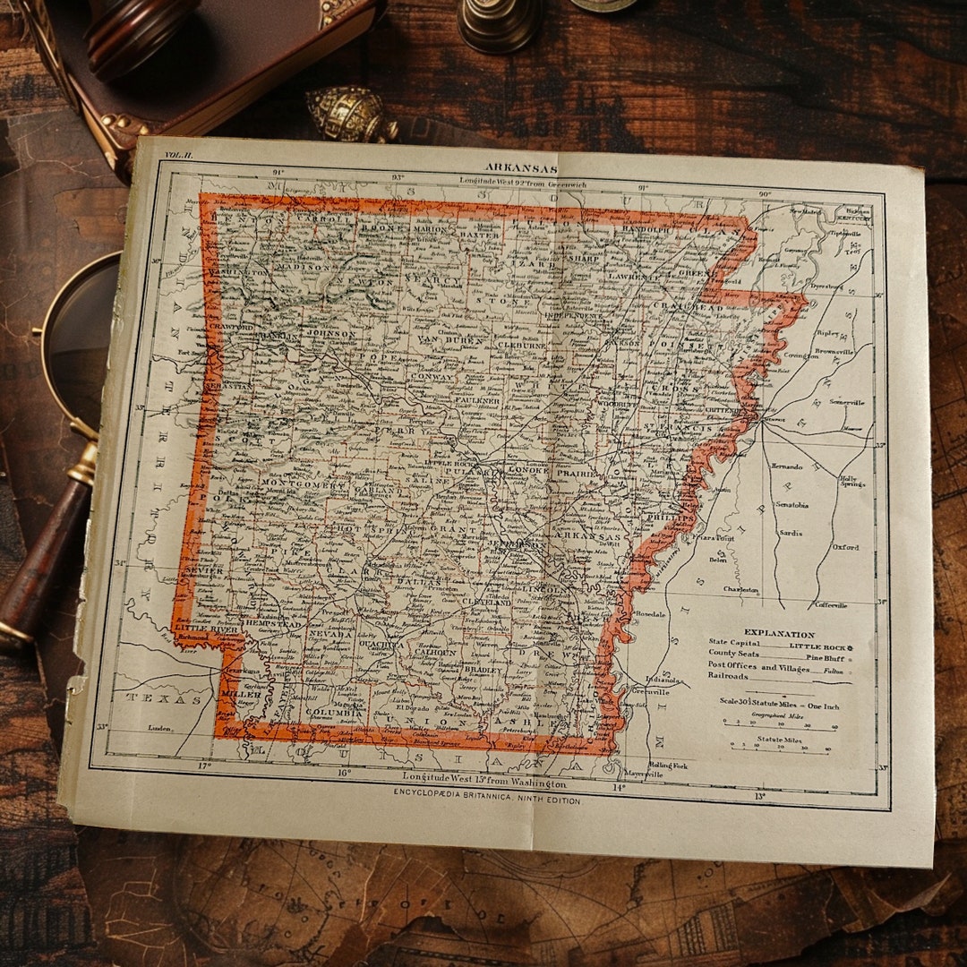 Antique 1891 Original Arkansas Map Book Plate Art, Antique Real ...