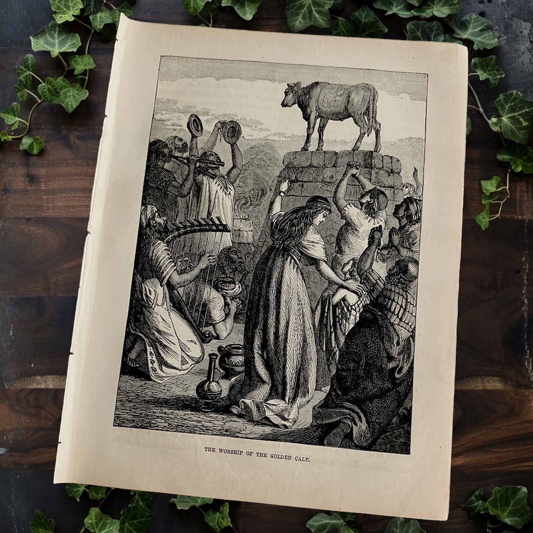 Antique 1877 Bible Engraving of the Worship of the Golden Calf ...