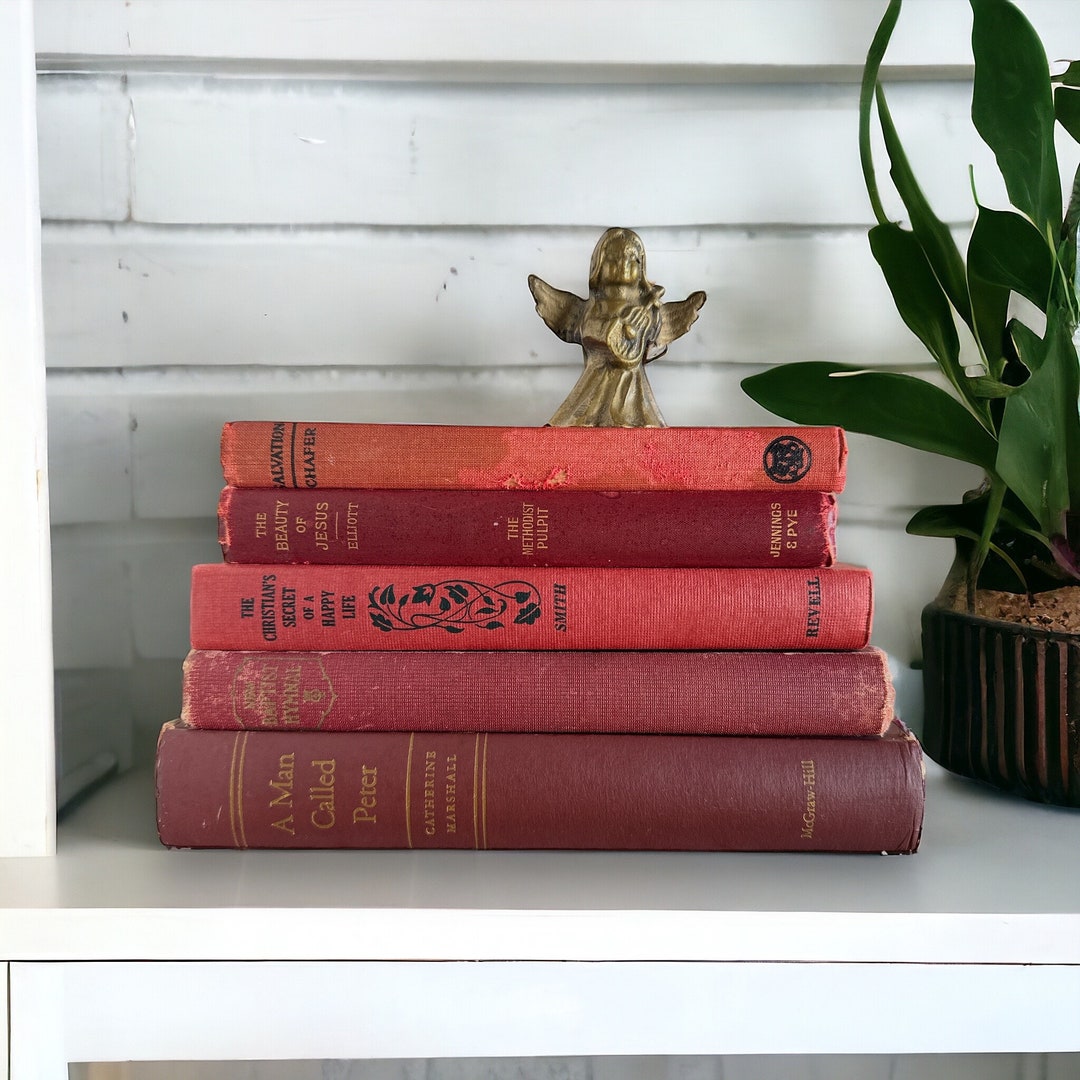Vintage Religious Books, Red and Burgundy Religious Book Stack, Vintage ...