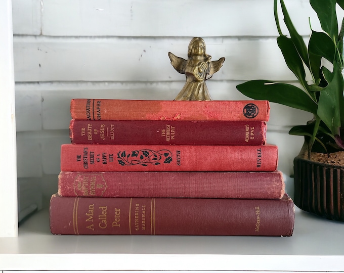 Vintage Religious Books, Red and Burgundy Religious Book Stack, Vintage ...