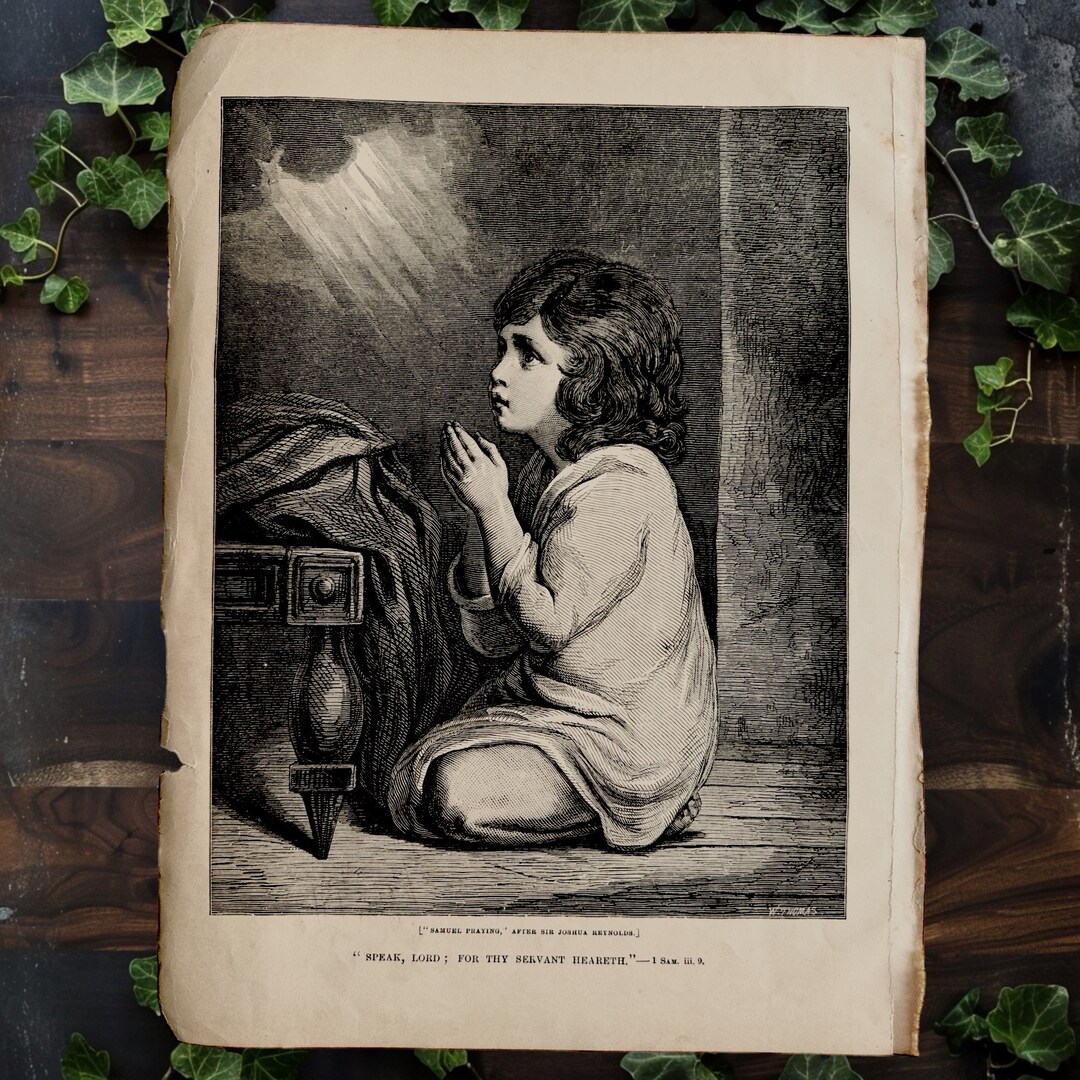 Antique 1877 Bible Engraving Art of Child Praying, Biblical Engraving ...