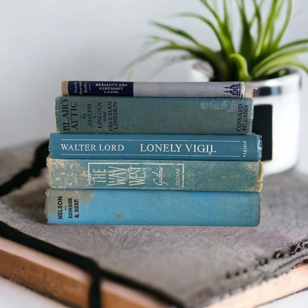 Vintage Blue Books Stack, Rustic Antique Blue Books Set, Interior ...