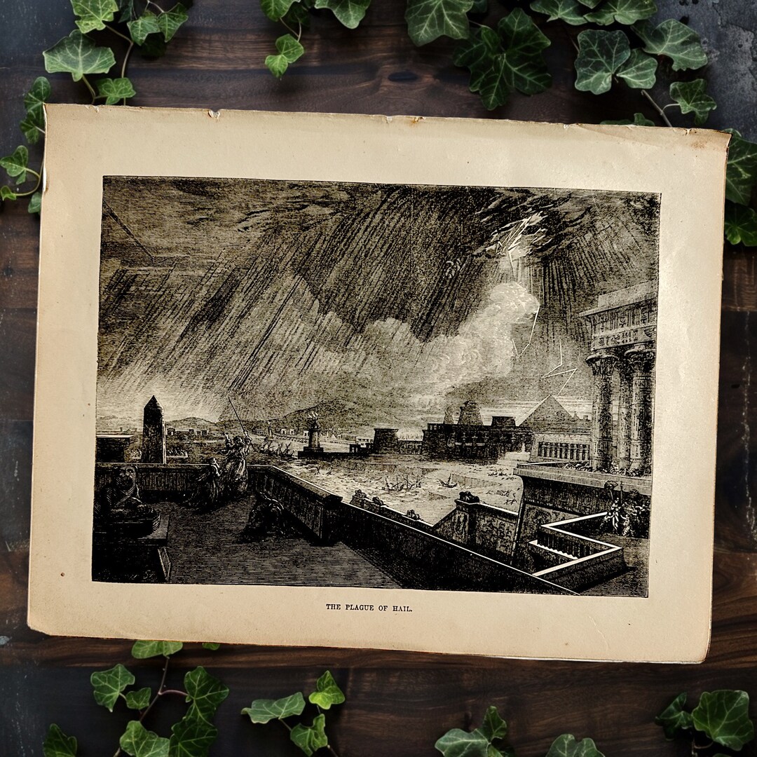 Antique 1877 Bible Engraving of the Plague of Hail, Original Biblical ...
