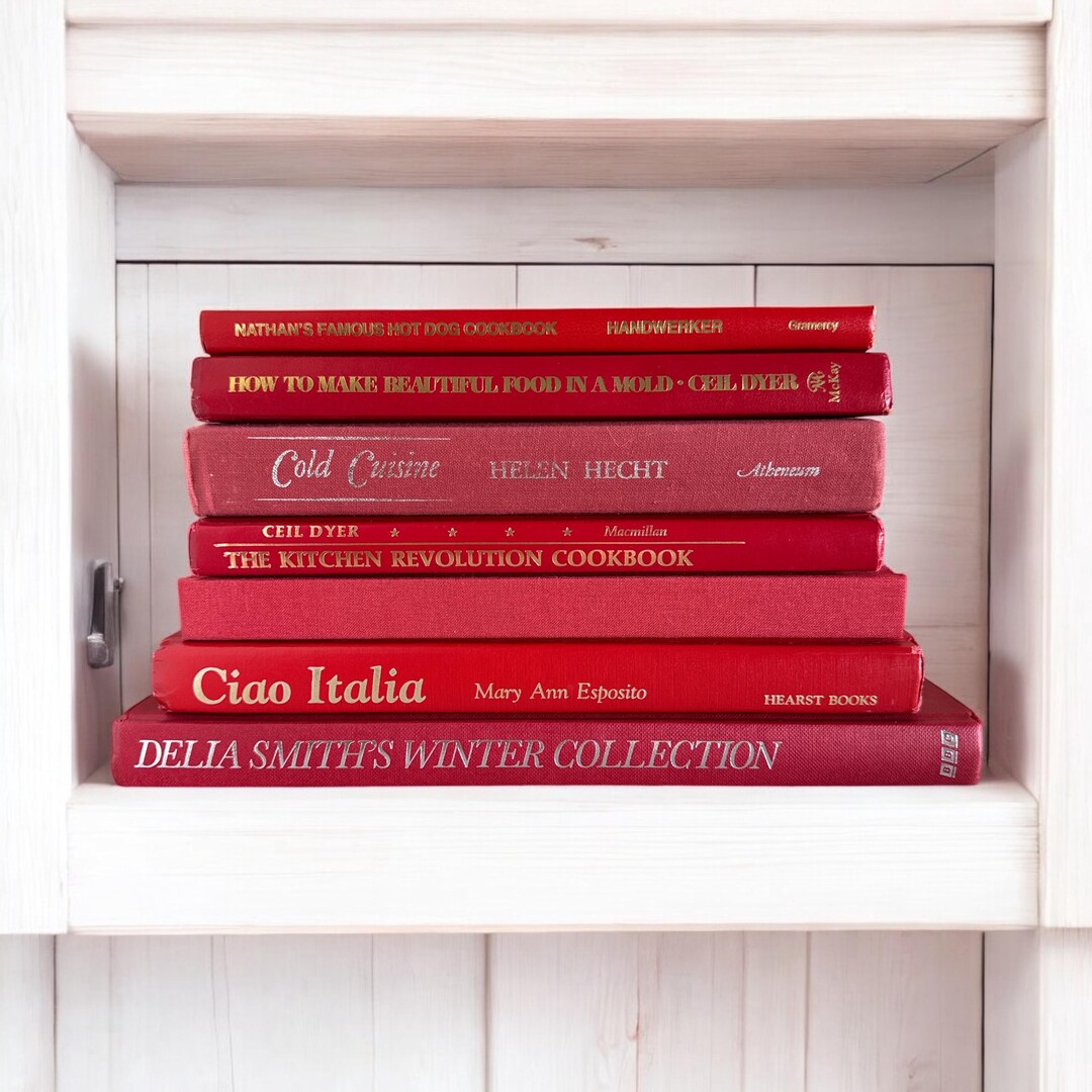 Red Cookbooks Set, Vintage Red Cook Books Collection, Red Kitchen Shelf ...