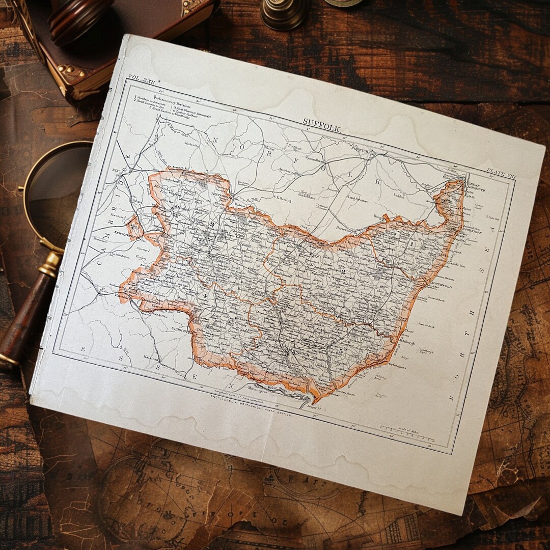 Antique 1891 Suffolk England Map Book Plate Art, Antique England Map, United Kingdom Map Wall ...