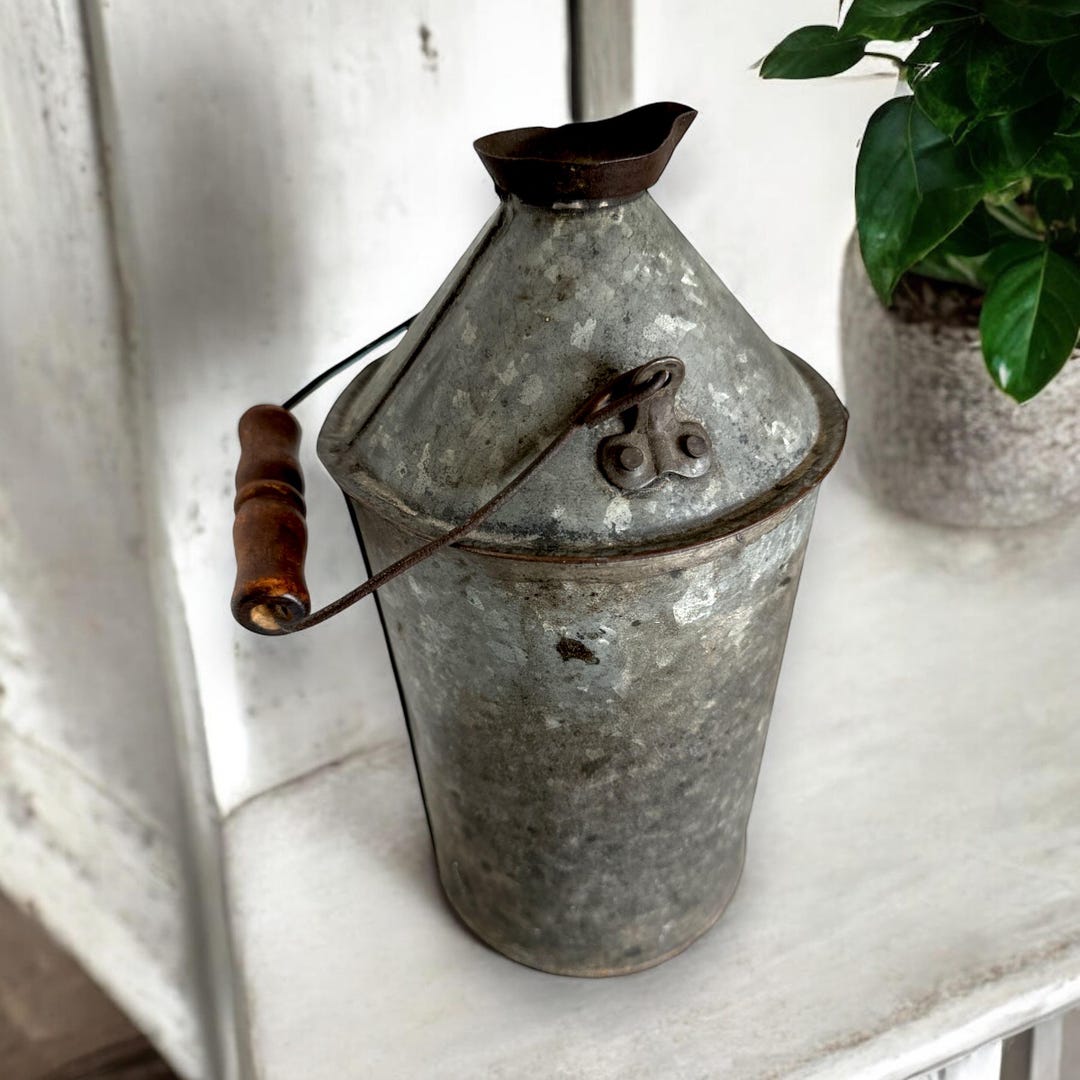 Antique Large Metal Can With Wood Handle and Spout, Antique Railroad ...