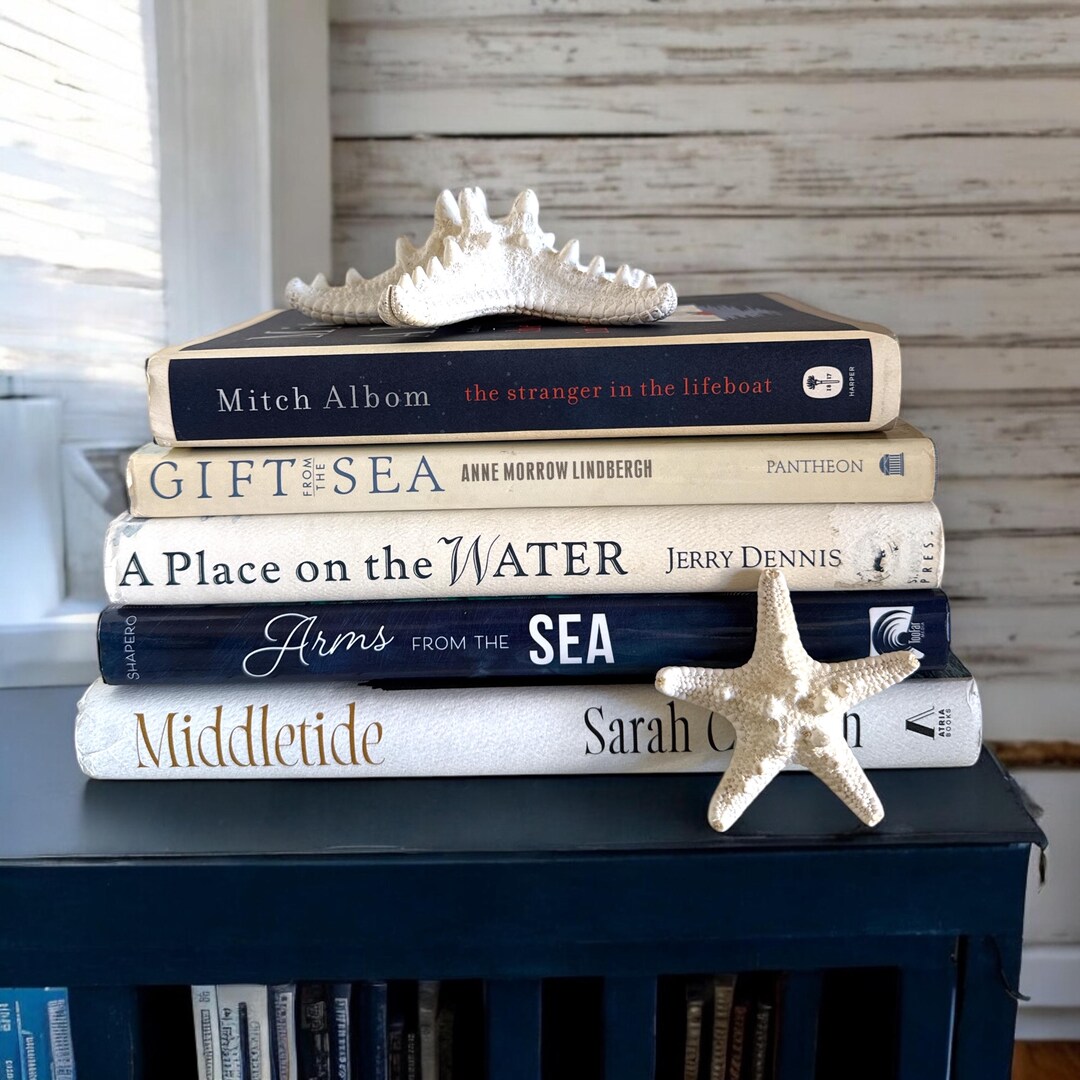 Nautical Navy Blue and White Books, Beach House Decor, Coastal Book ...
