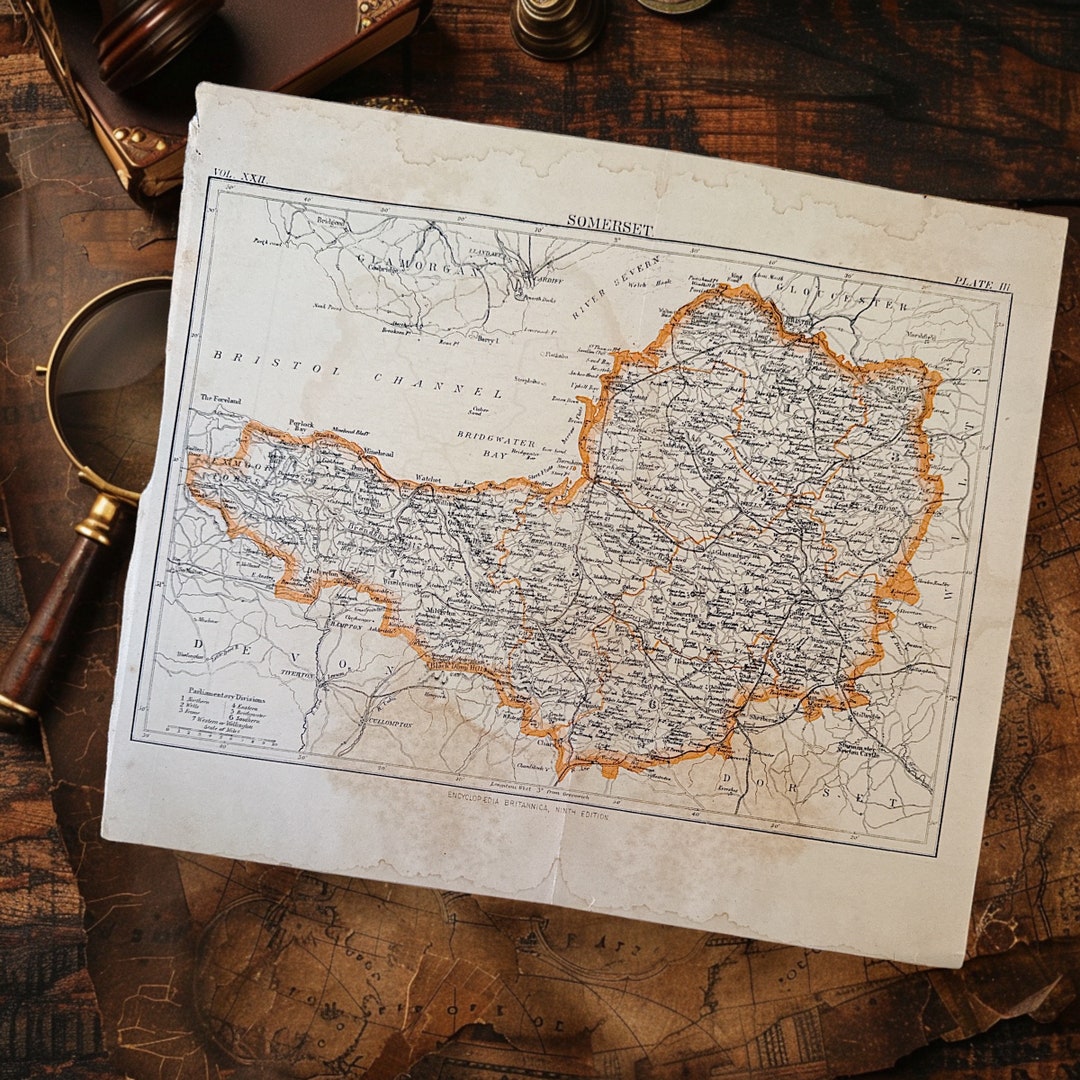 Antique 1891 Somerset England Map Book Plate Art, Antique England Map ...
