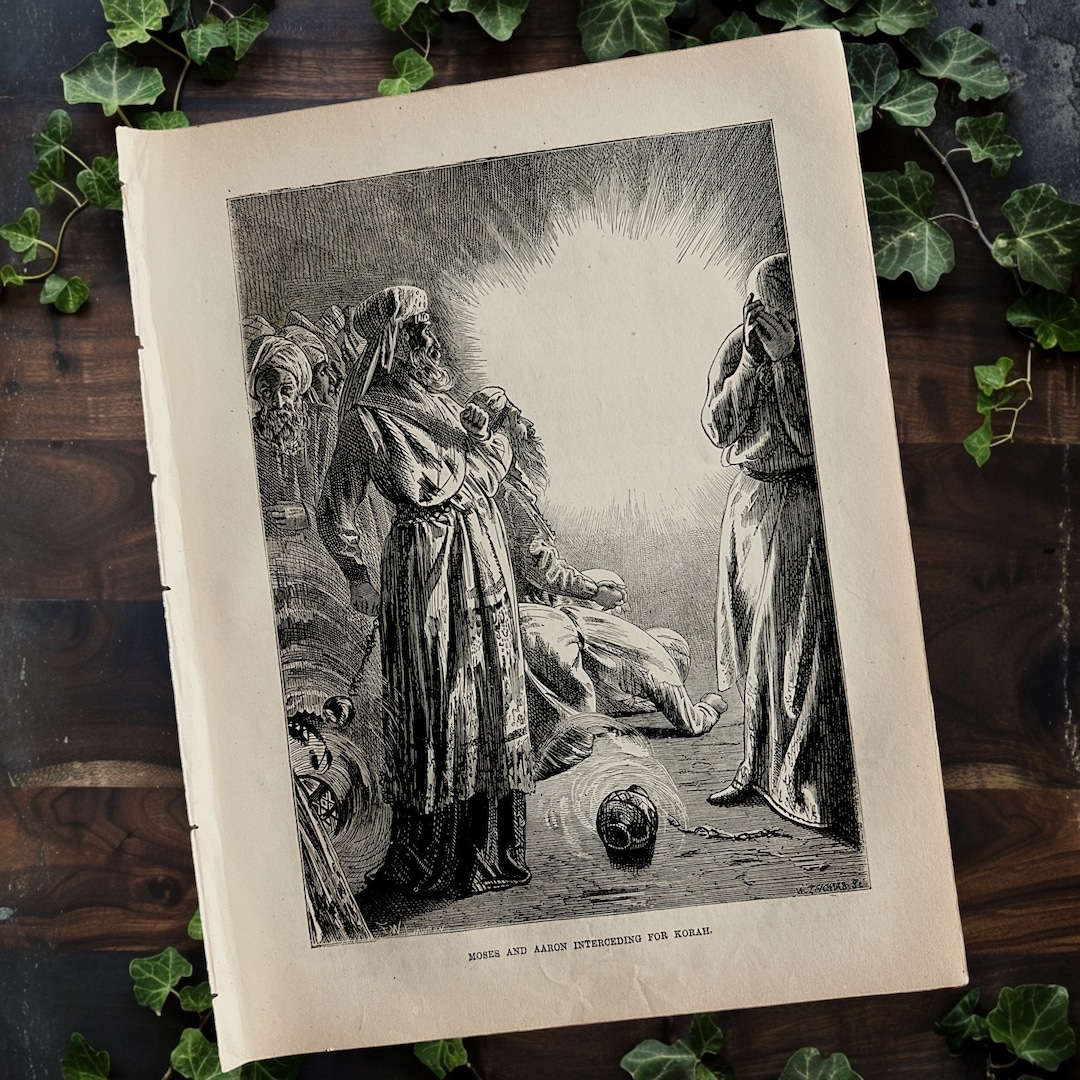 Antique 1877 Bible Engraving of Moses and Aaron Interceding Korah ...