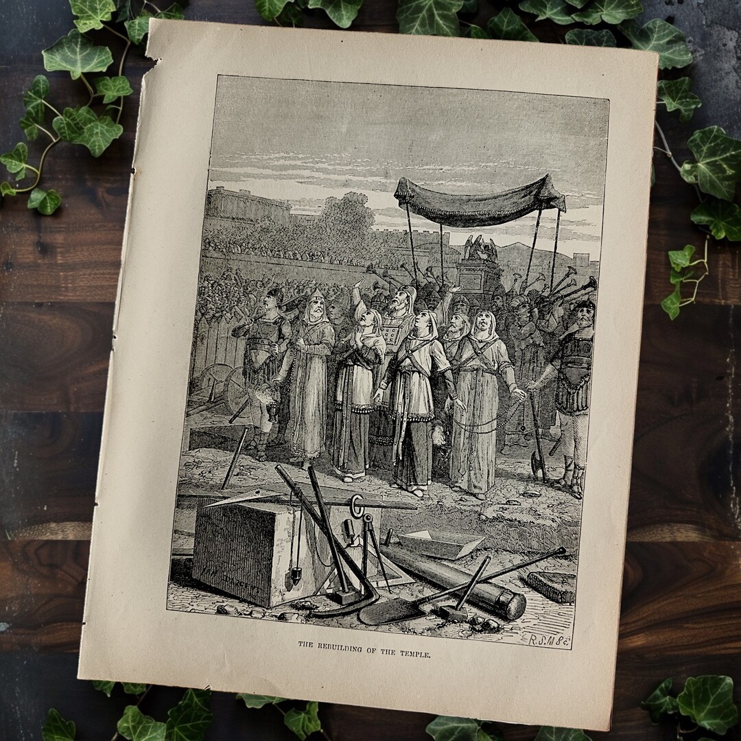Antique 1877 Bible Engraving of the Rebuilding of the Temple, Original ...