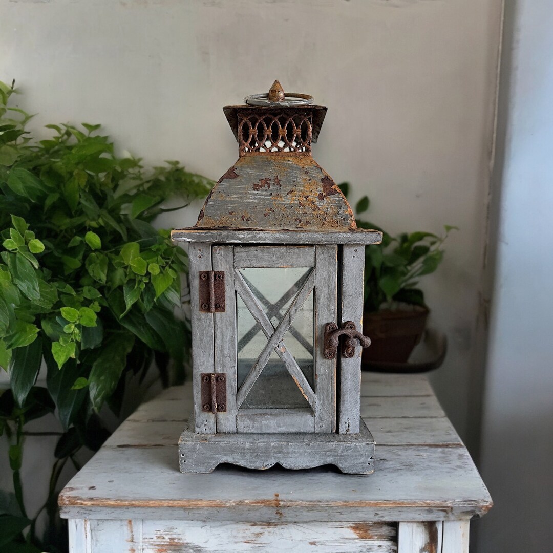 Vintage Gray Wood Lantern, Chippy Wood Lantern, Rustic Antique Lantern ...