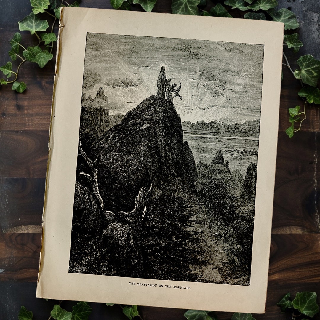 Antique 1877 Bible Engraving Art of the Temptation on the Mountain ...