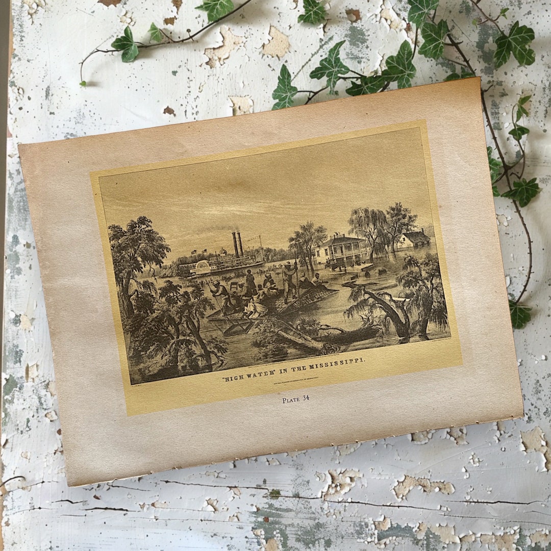 Vintage 1942 Currier & Ives Steamboat Art Lithograph Print Titled High ...