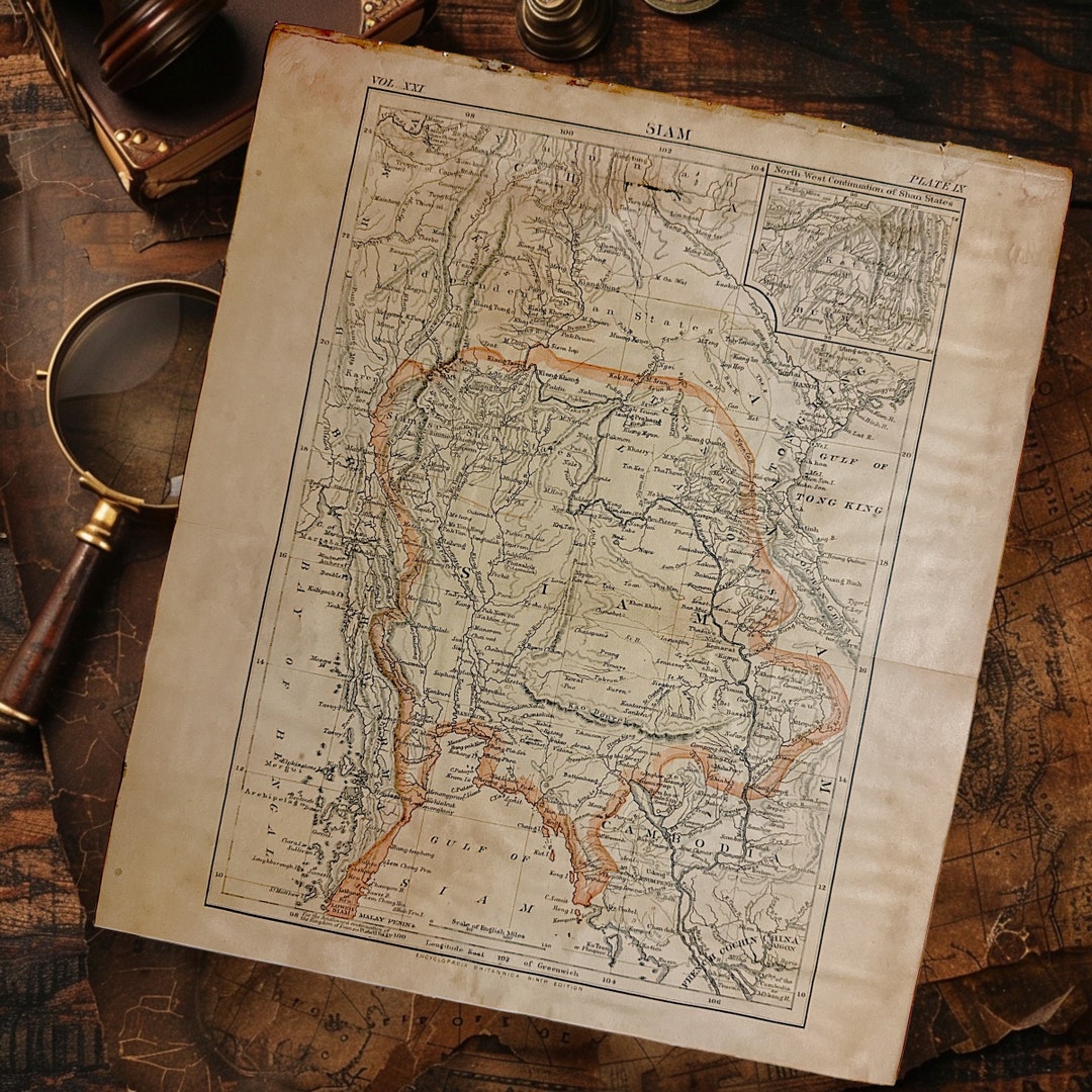 Antique 1891 Original Siam Map Book Plate Art, Antique Thailand Map ...