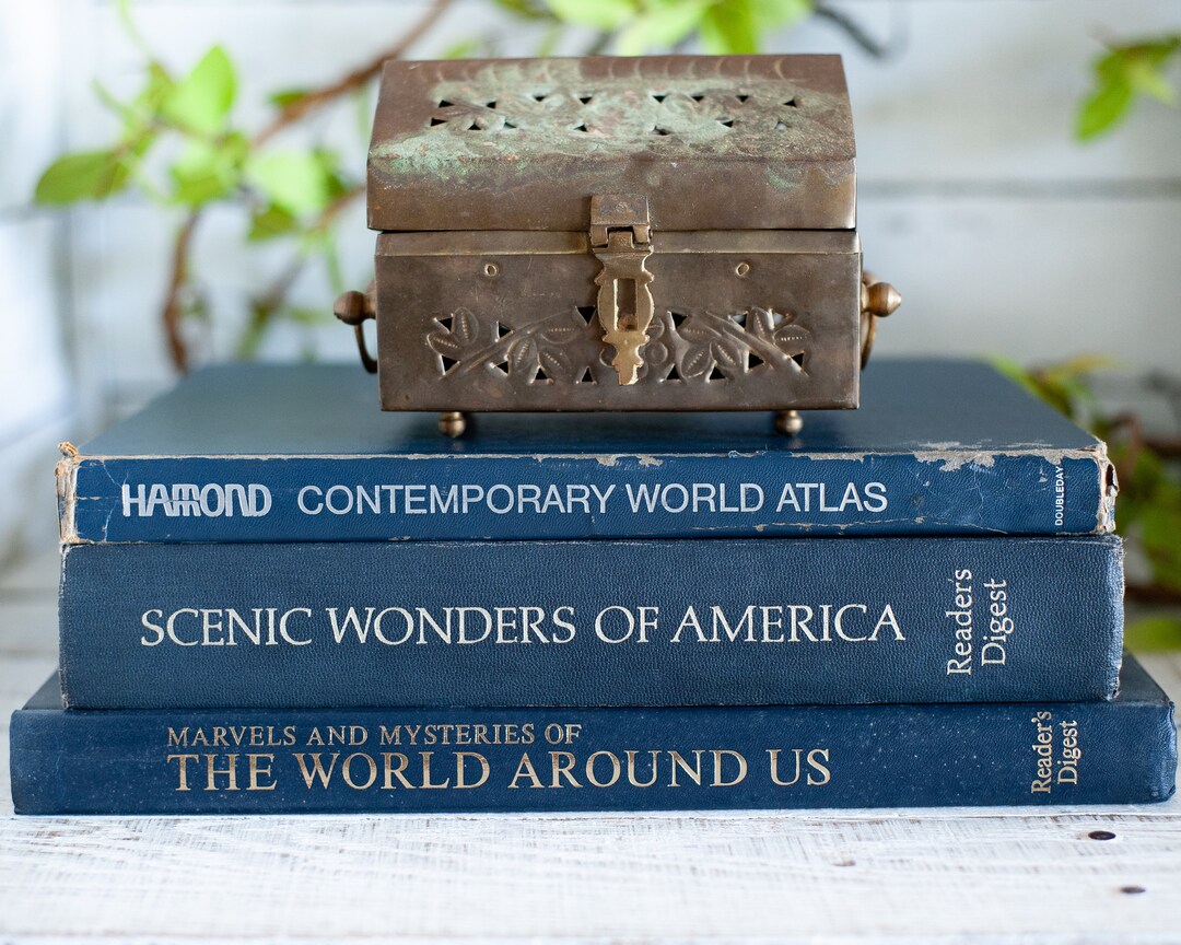 Vintage Dark Blue Coffee Table Books, Large Book Stack in Shabby Navy ...