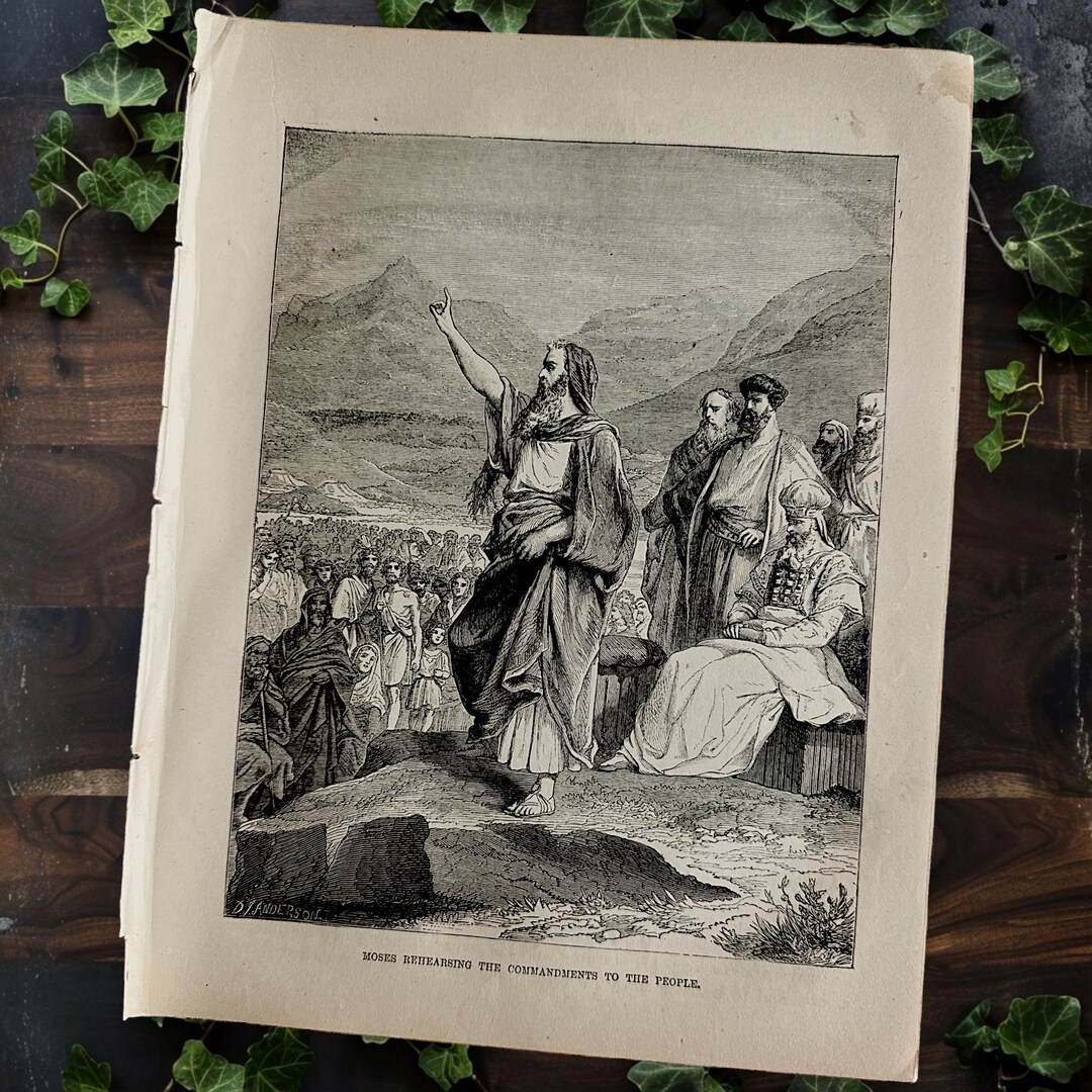 Antique 1877 Bible Engraving of Moses Rehearsing Ten Commandments ...