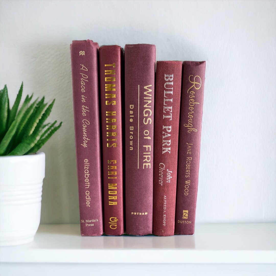 Burgundy Book Stack: Gold & Silver Spines, Home Decor Books - Set of 5 ...