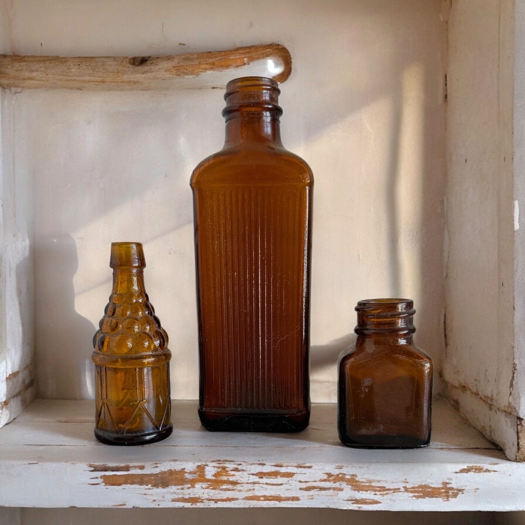 Vintage Brown Glass Bottles Set, Brown or Amber Glass Bottle, Antique ...