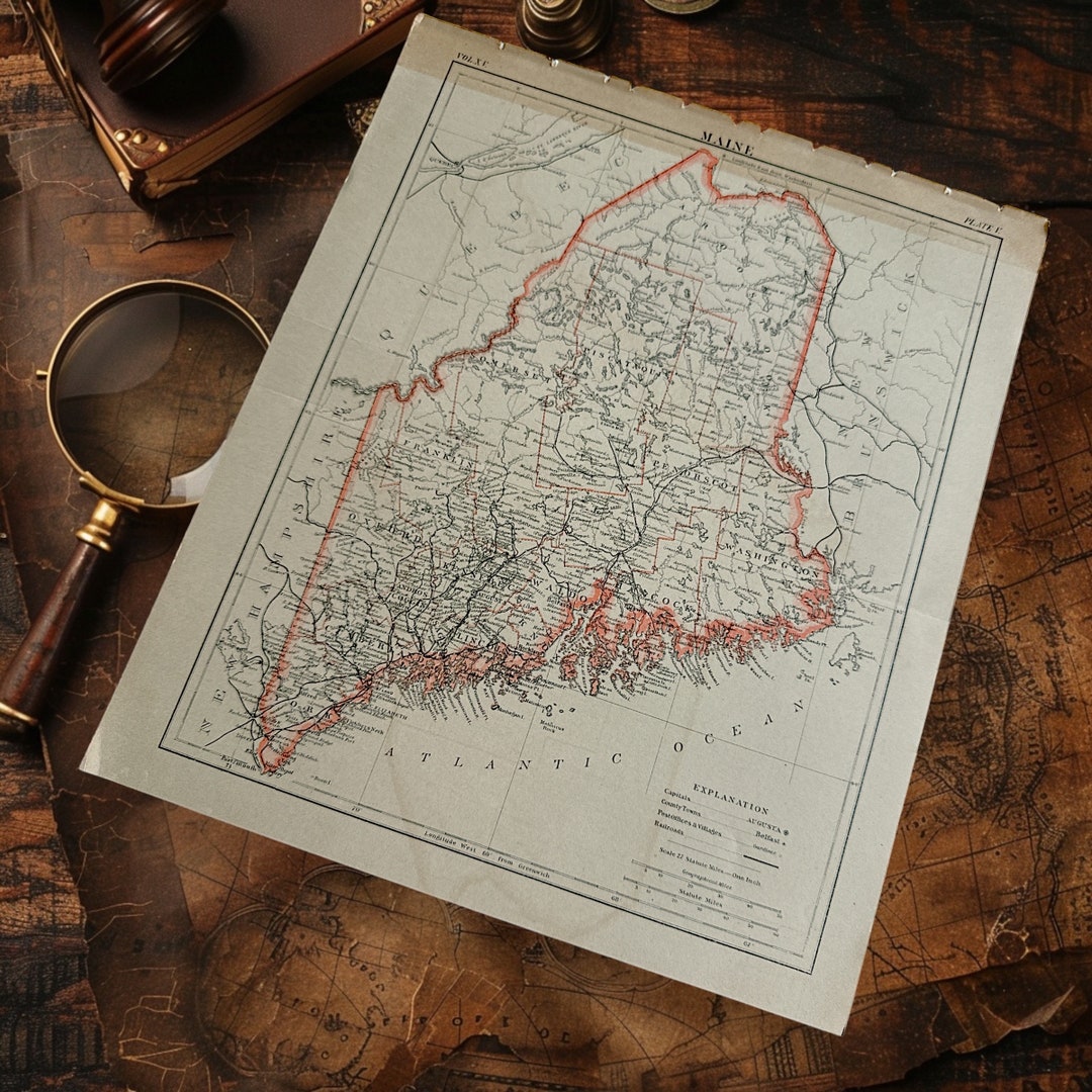Antique 1891 Original Maine Map Book Plate Art, Antique Real Maine Map ...