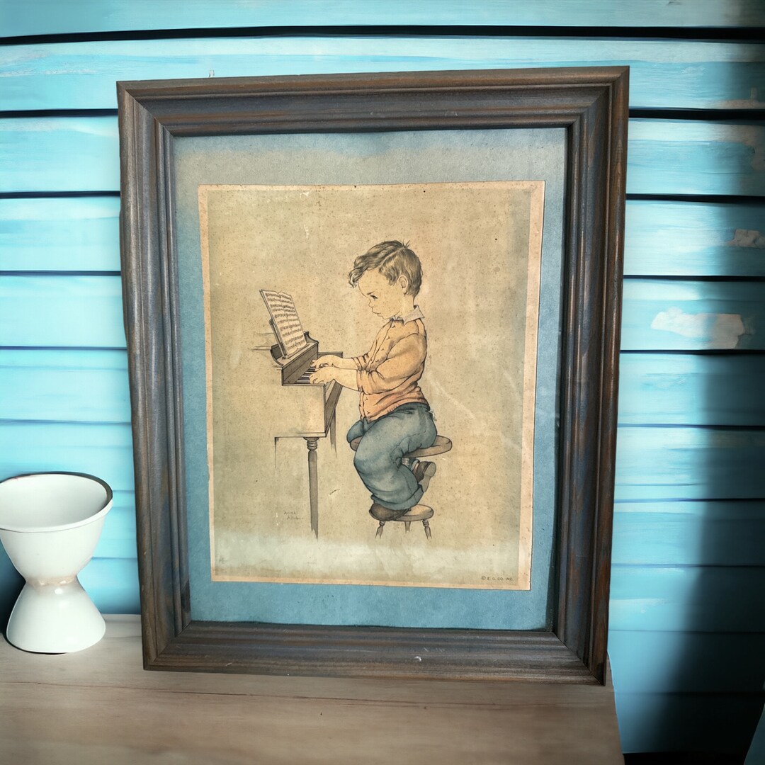 Vintage Anne Allaben Lithograph: Boy at Piano, Weathered Wood Frame - Etsy
