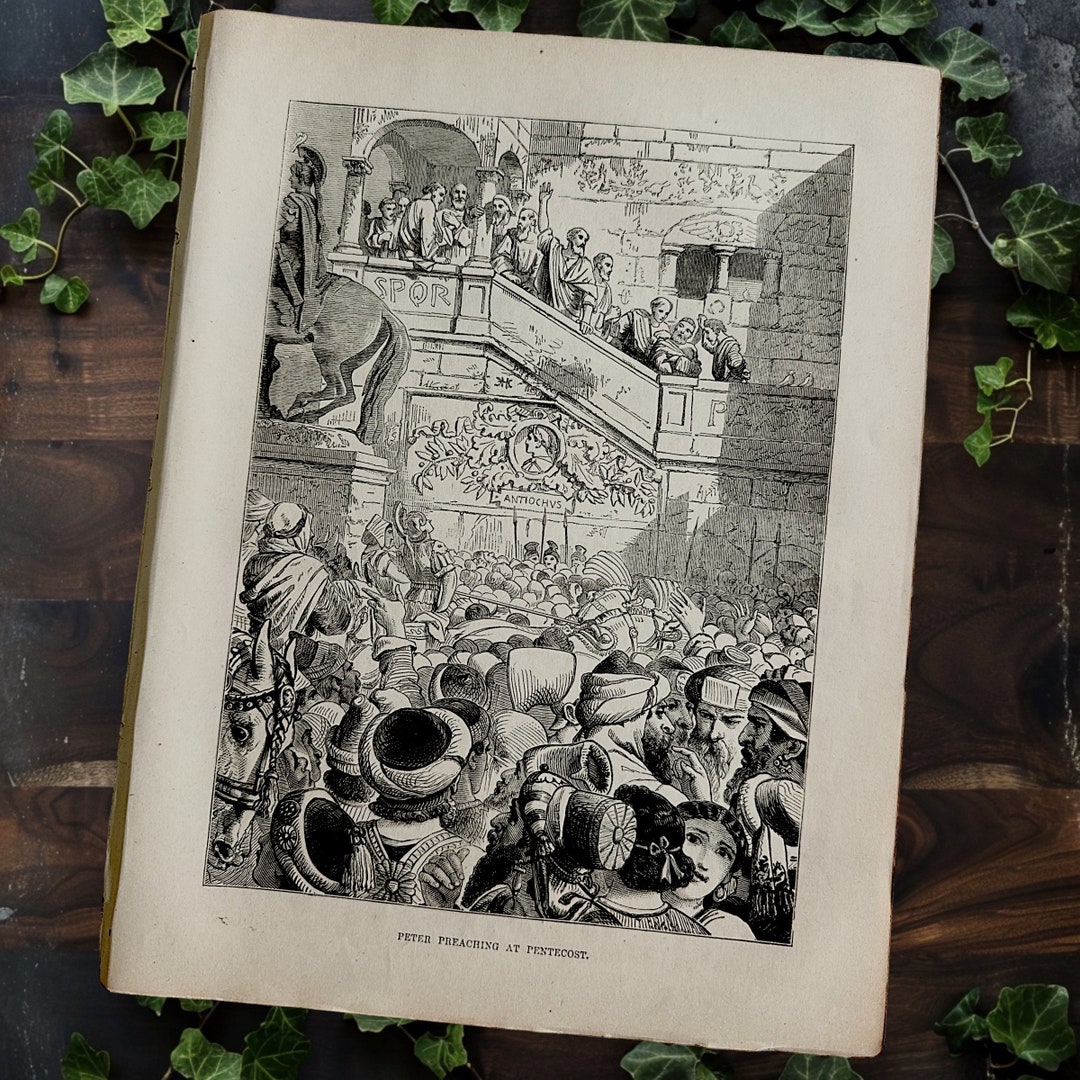 Antique 1877 Bible Engraving Art of Peter Preaching at Pentecost ...