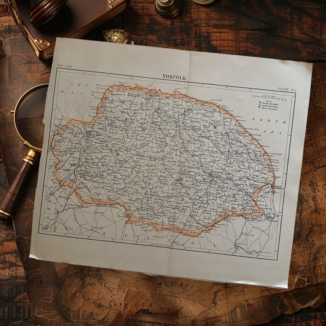 Antique 1891 Norfolk England Map Book Plate Art, Antique England Map ...
