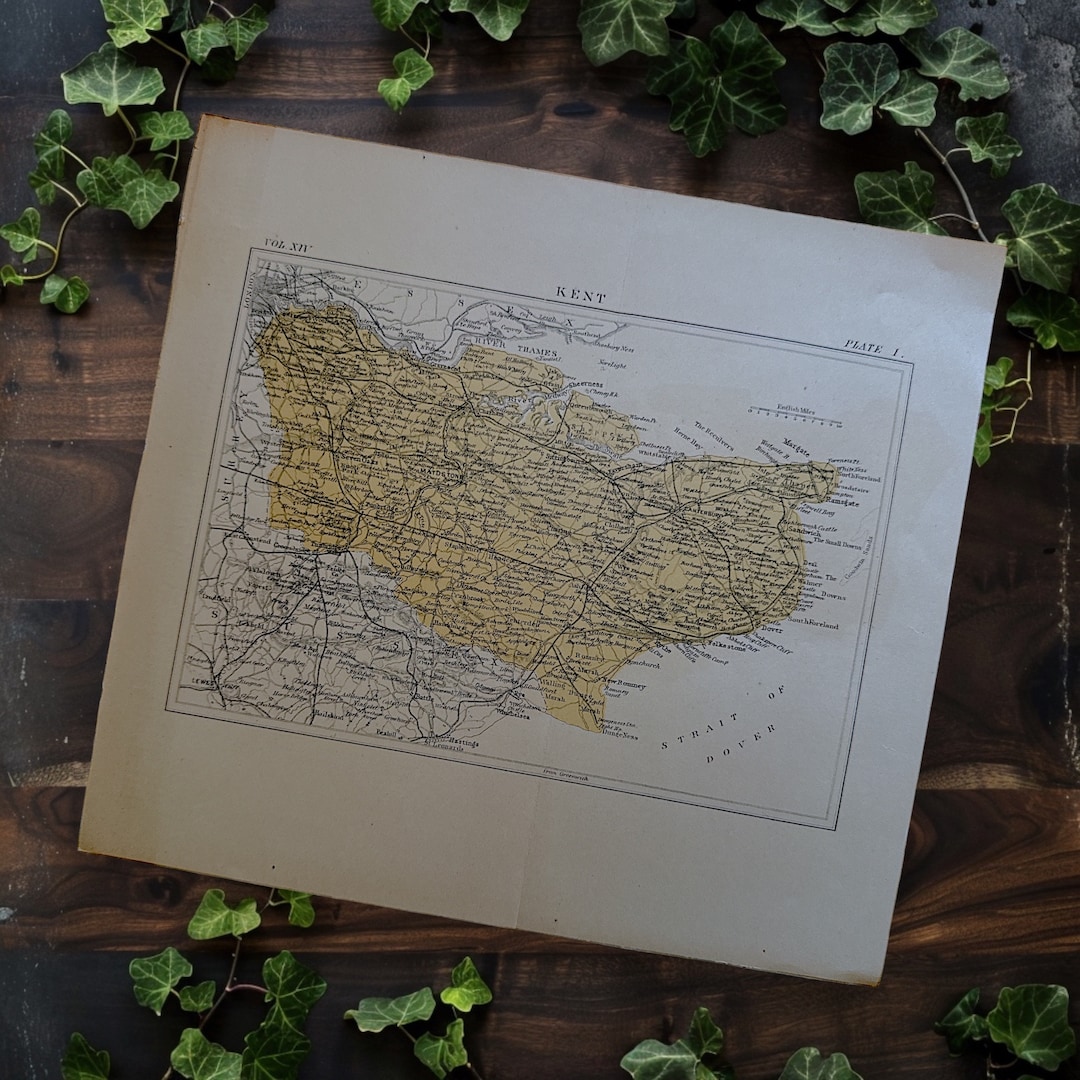 Antique 1891 KENT England Map Book Plate Art, Antique KENT England Map ...