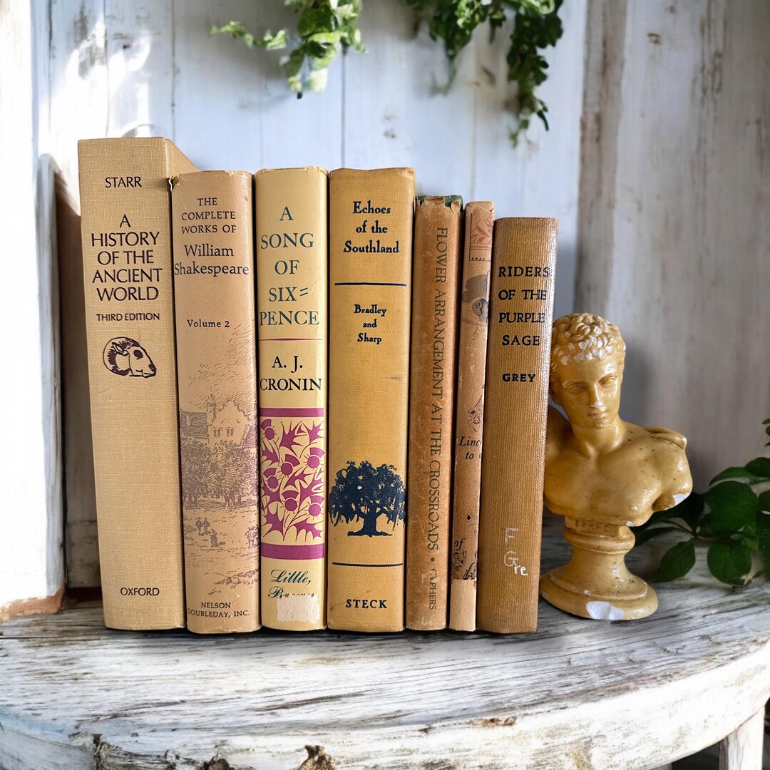 Vintage Tan Books, Shabby Beige and Tan Book Stack, Tan Shelf ...