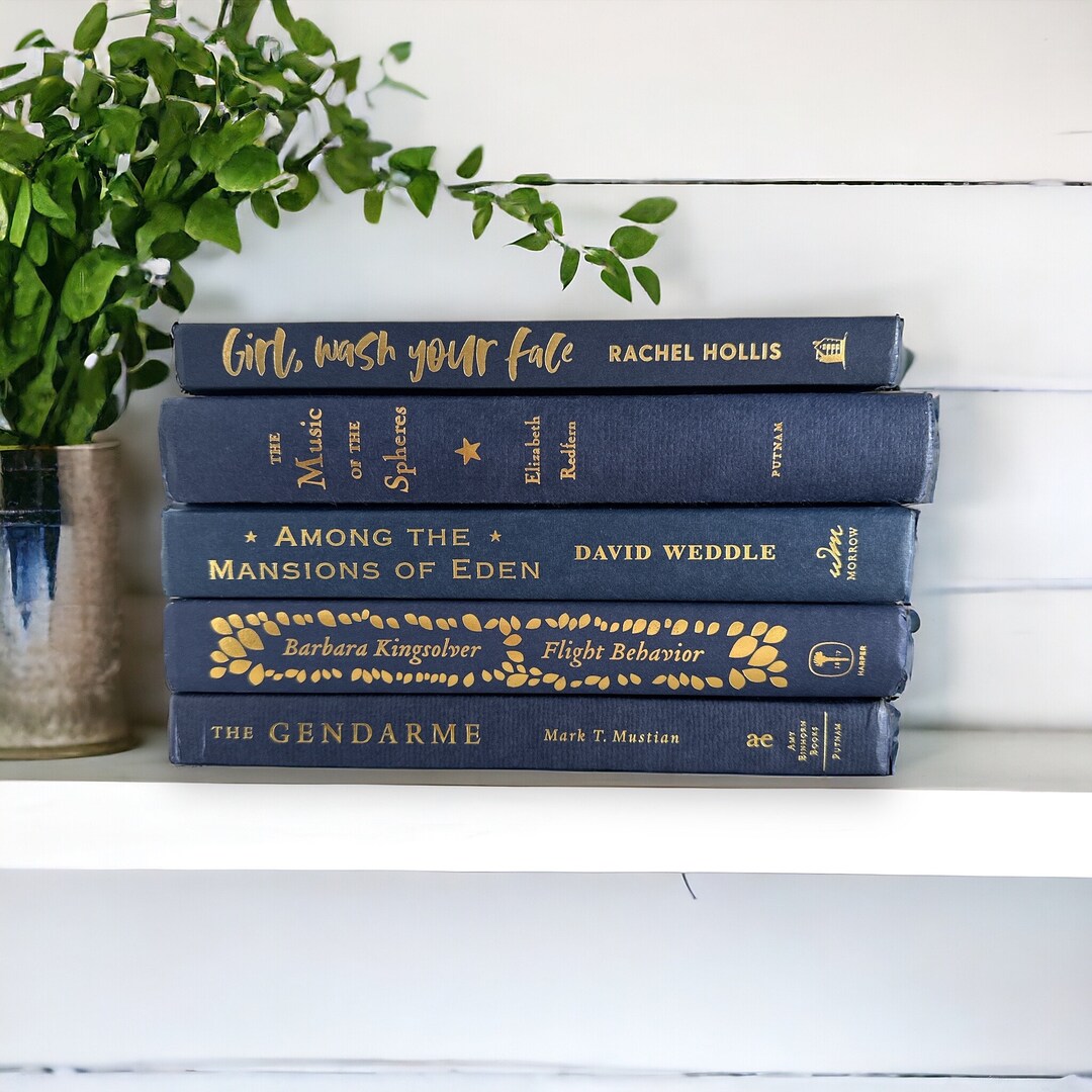 Modern Dark Blue Books Set, Navy Blue and Gold Interior Decorator Books ...