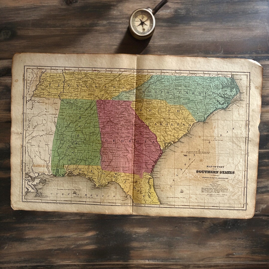 Antique 1844 Authentic Map of the Southern States From Olney's School ...