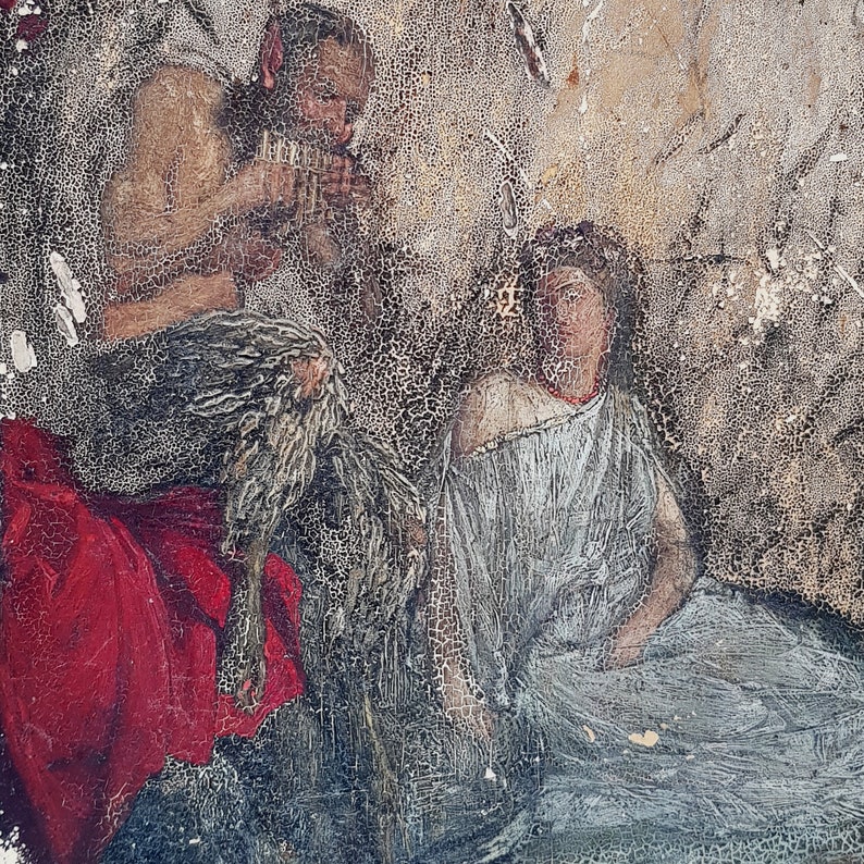 Rare Oil Painting on Board of Greek God Pan Playing Pipes to Nymph ...