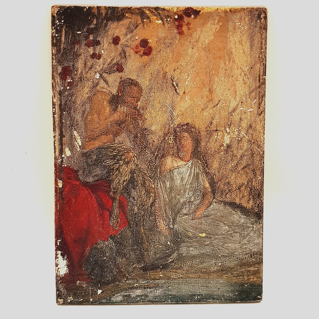 Rare Oil Painting on Board of Greek God Pan Playing Pipes to Nymph ...