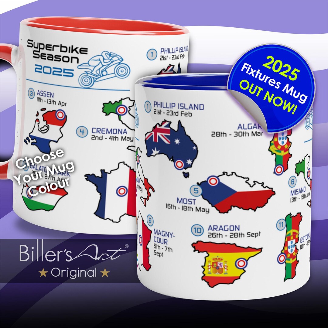 SBK Superbike 2025 Championship Calendar Mug With Countries and Flags ...