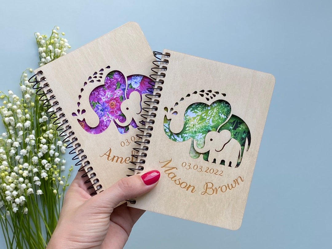 Custom Wooden Baby Diary, Cute Elephant Memory Book, Pink Spiral Baby ...