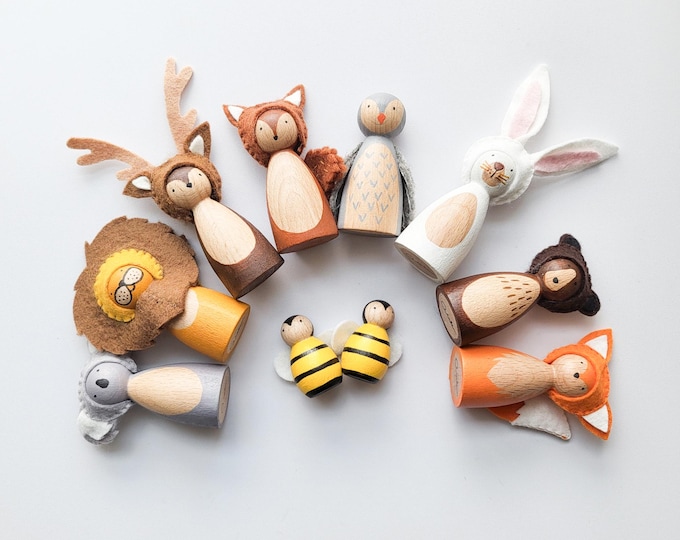 Set of 9 ANIMAL Peg Dolls | Felt Peg Doll/wooden Animal Figurines - Etsy