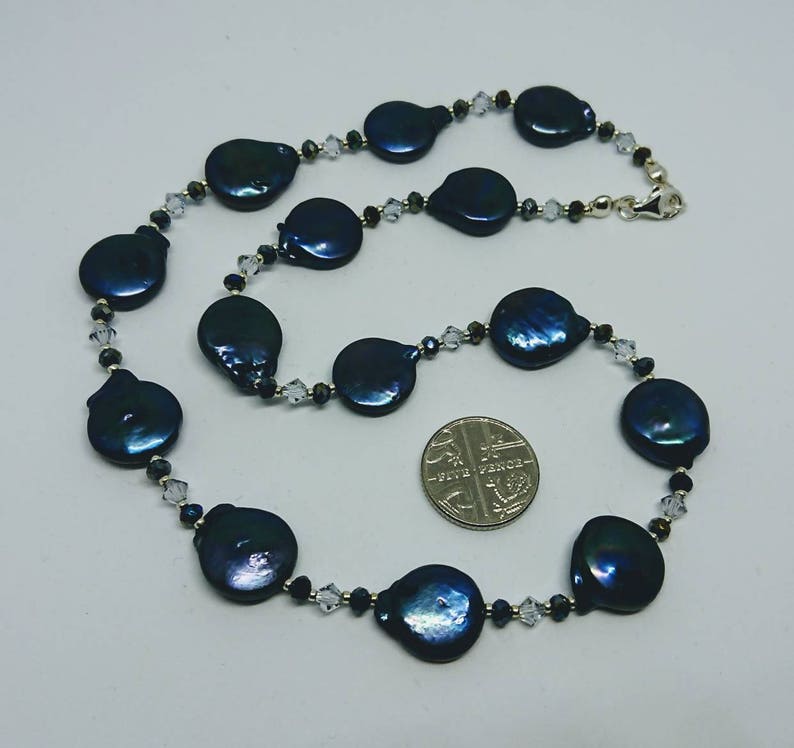 Handmade Midnight Blue Freshwater Coin Pearl and Swarovski Crystal ...